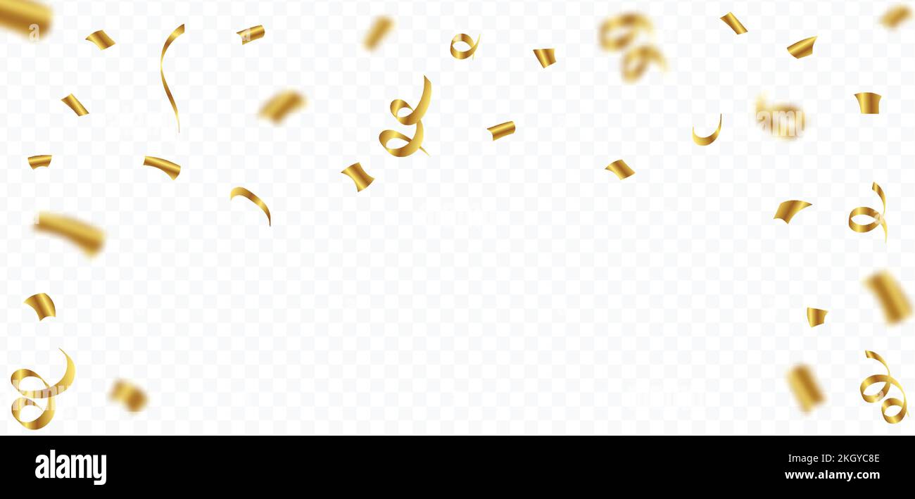 Golden confetti and ribbon falling isolated on dark background. Anniversary and wedding ...