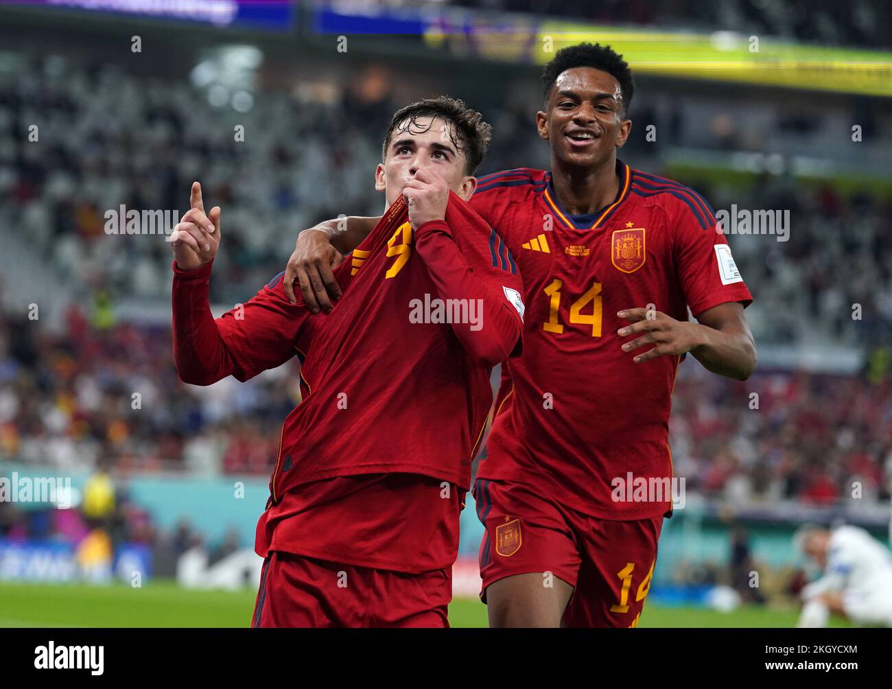 Spain's Gavi celebrates scoring their side's fifth goal of the game ...