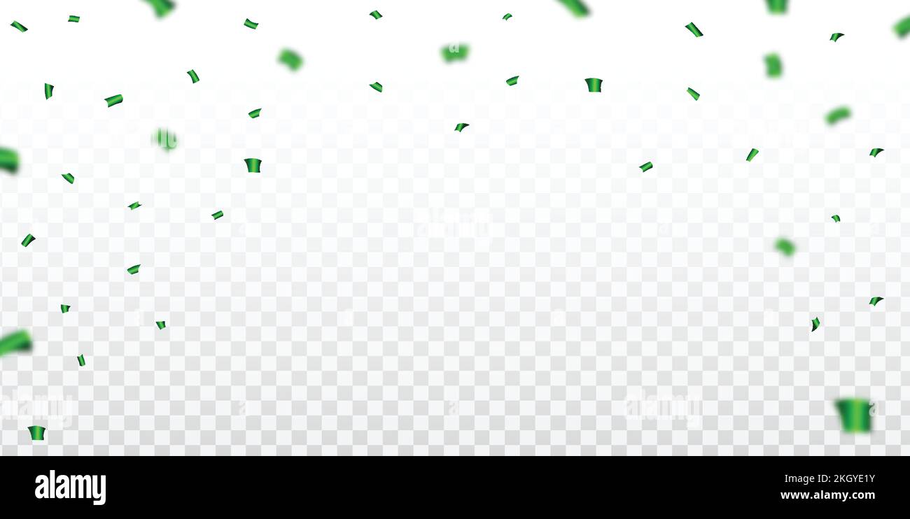 Green confetti and tinsel falling illustration on transparent background. Colorful confetti ...