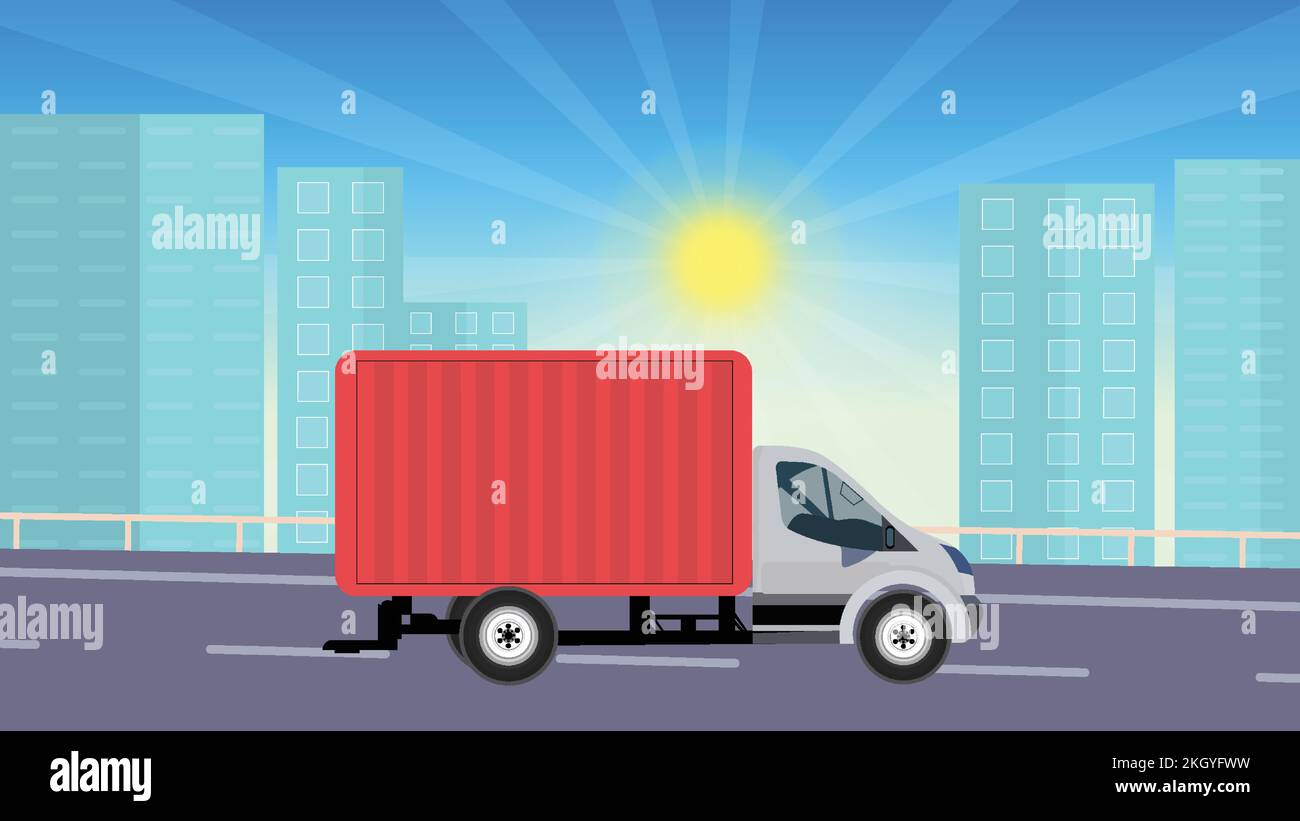 A delivery truck on the urban road flat design. Home delivery service ...