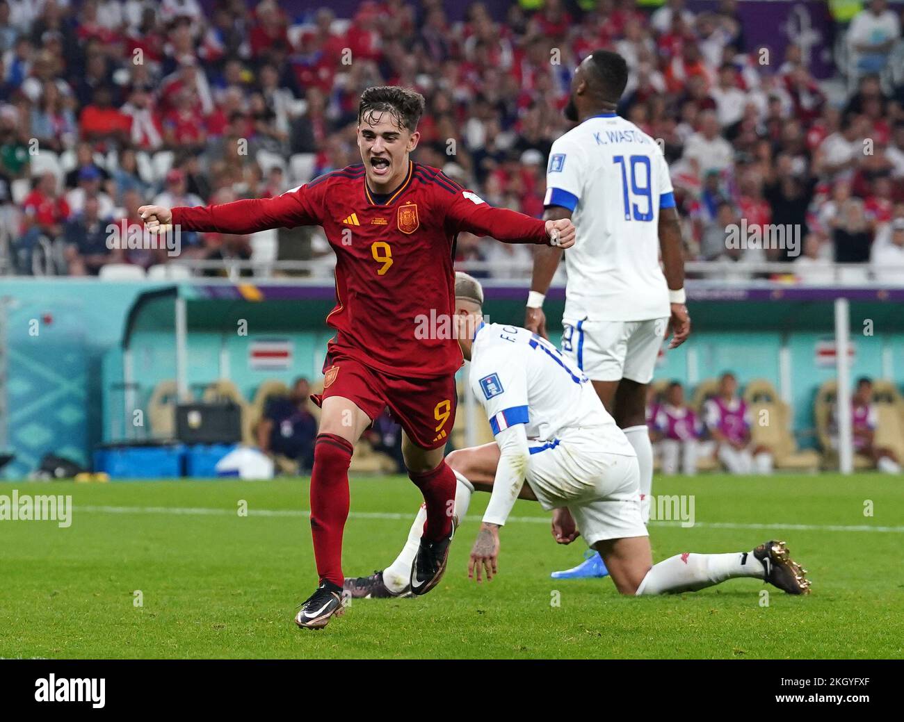 Spain's Gavi celebrates scoring their side's fifth goal of the game ...