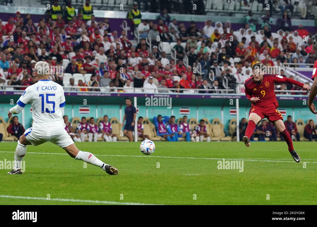 Spain's Gavi (right) scores their side's fifth goal of the game during ...