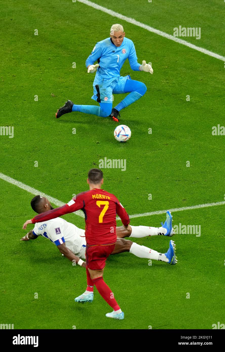 Costa Rica goalkeeper Keylor Navas saves the shot of Spain’s Alvaro ...