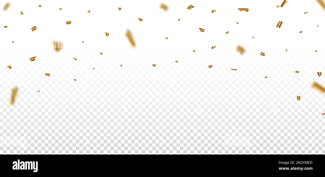 Golden confetti falling illustration on a transparent background. Festival celebration elements ...