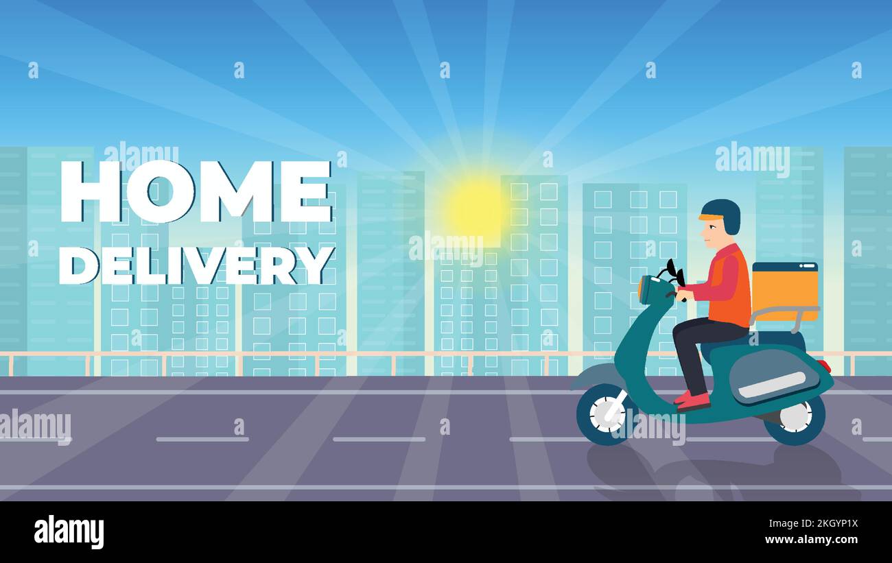 Home delivery service concept with a delivery man riding a scooter. Delivery man flat ...