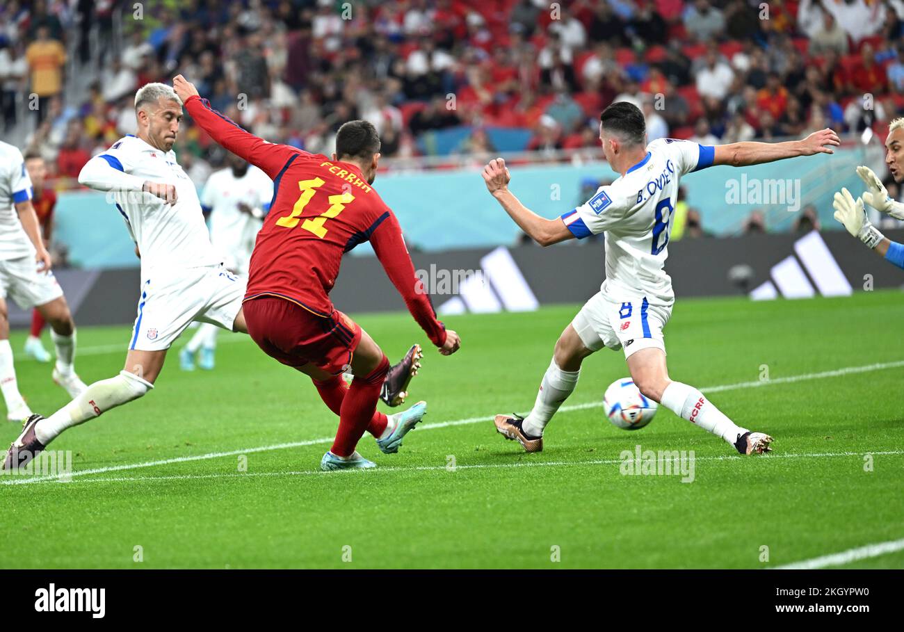 Doha, Qatar. 23rd Nov, 2022. Ferran Torres (C) of Spain scores during ...