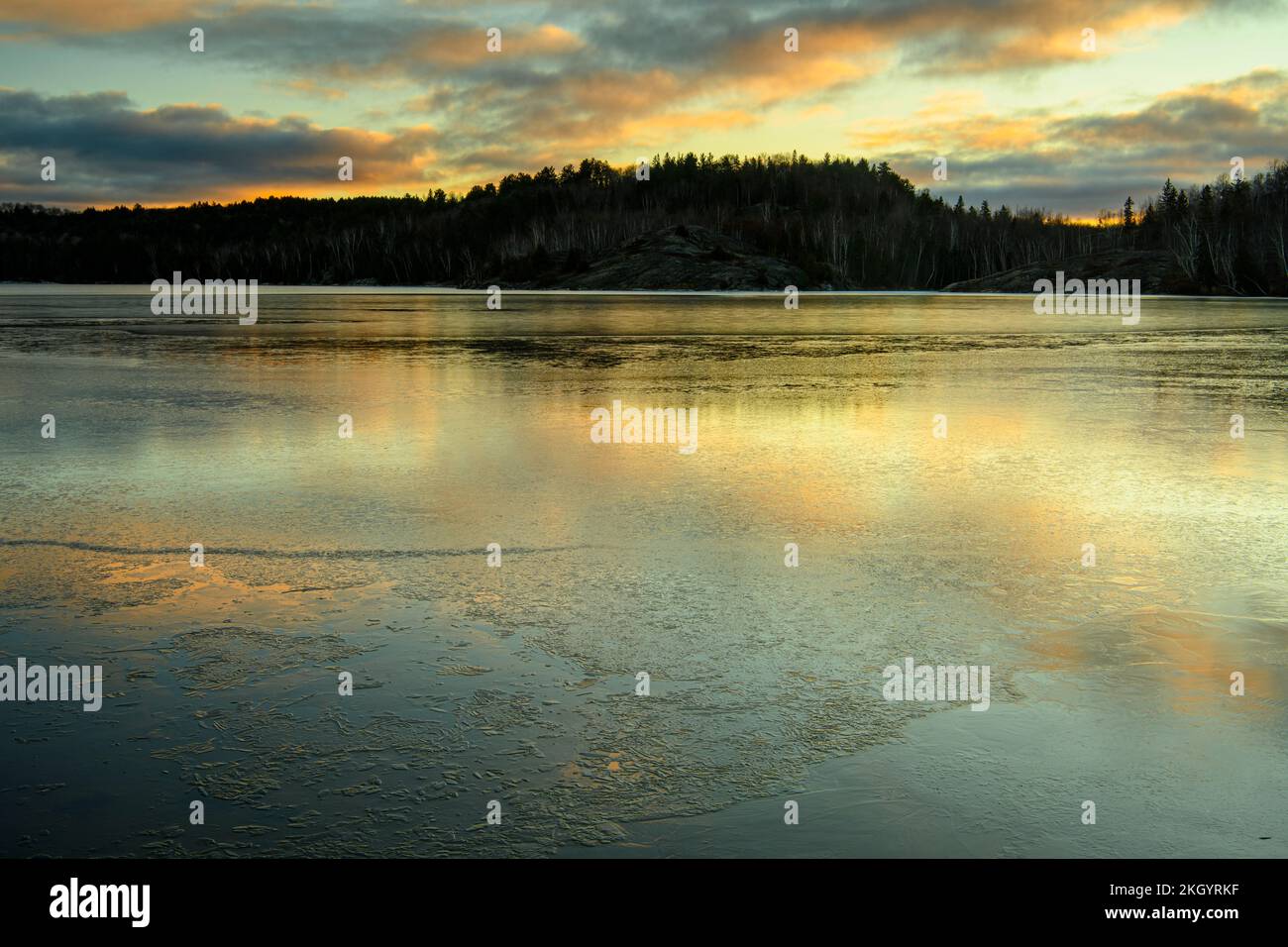 Frozen Simon Lake at sunset, Greater Sudbury, Ontario, Canada Stock ...