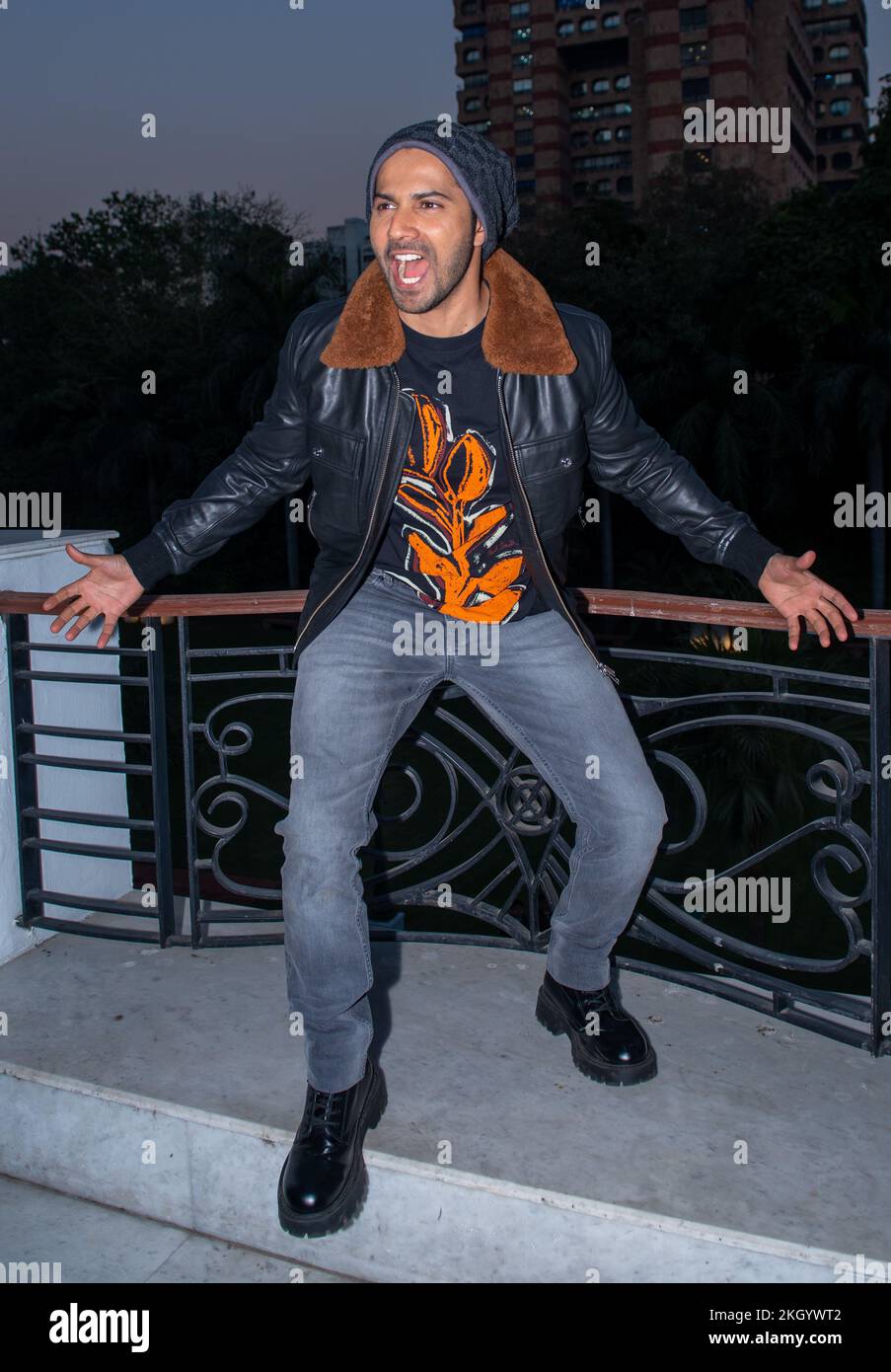 Bollywood Actor Varun Dhawan poses for photos during the promotion of ...