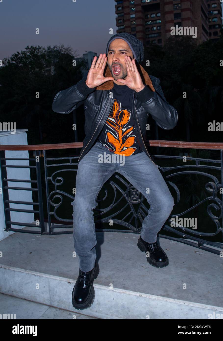 Bollywood Actor Varun Dhawan poses for photos during the promotion of ...