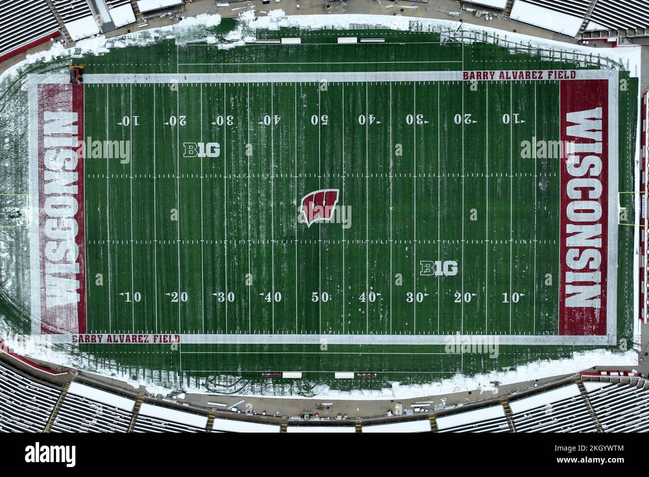 A general overall aerial view of the Wisconsin Badgers logo at midfield ...