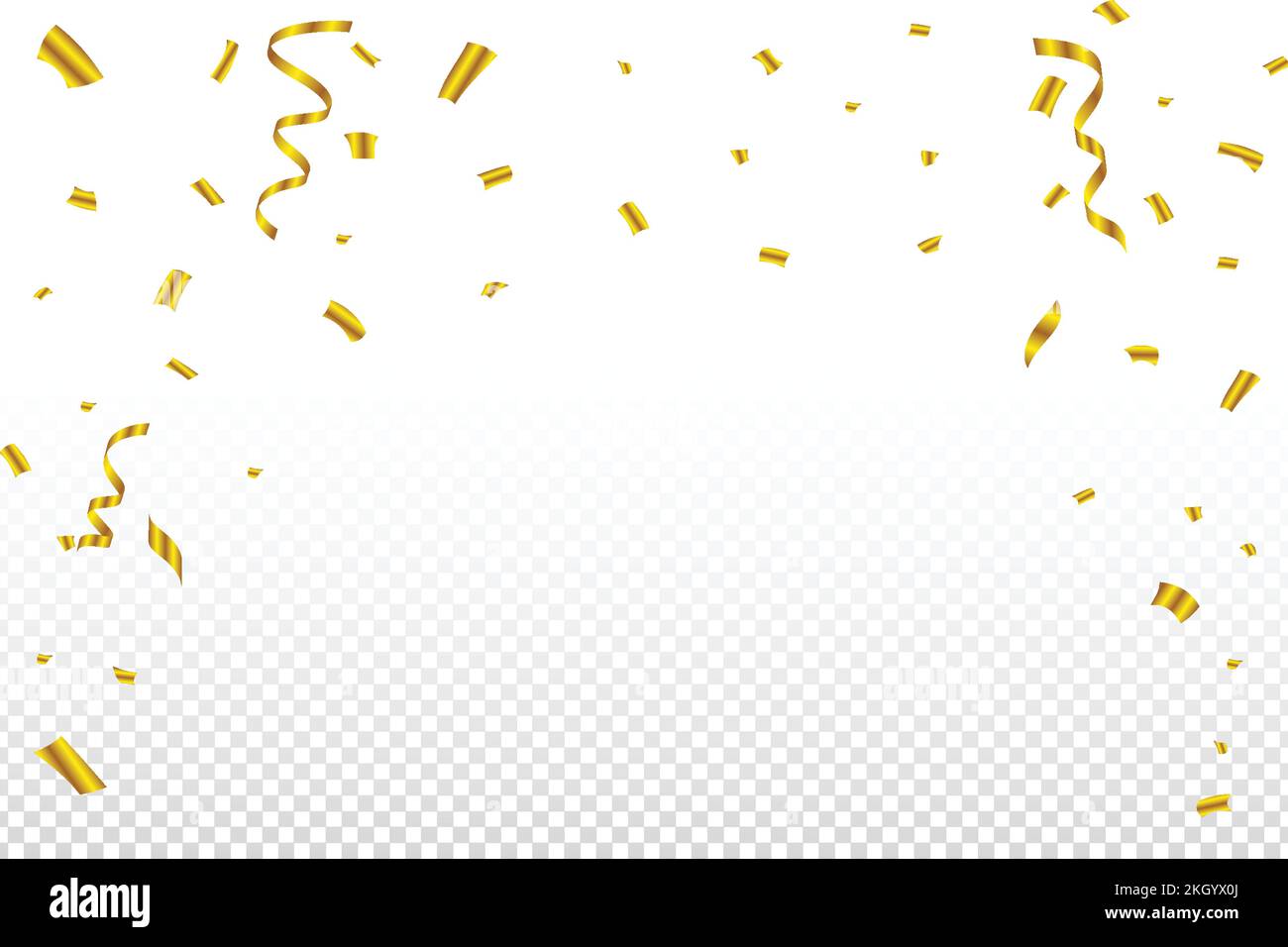 Golden confetti and ribbon falling isolated on transparent background. Festival elements vector ...