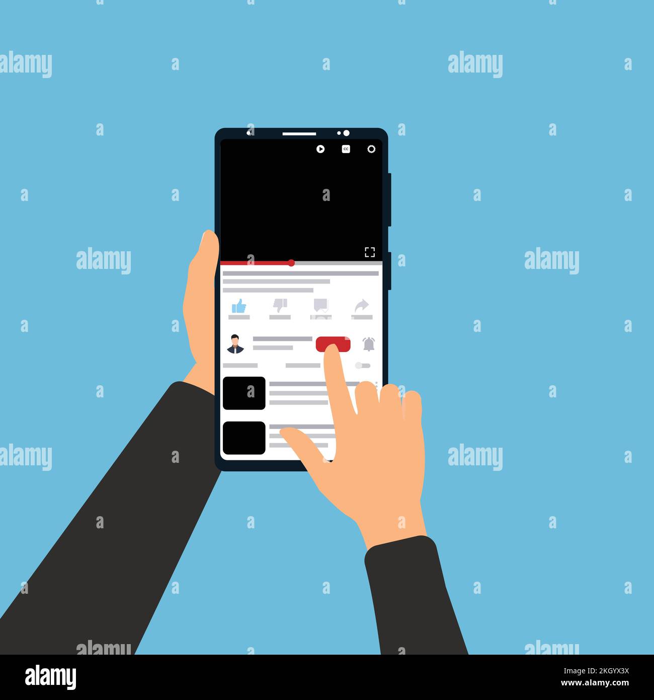 Subscribing online channel on a mobile vector. Hand holding a ...