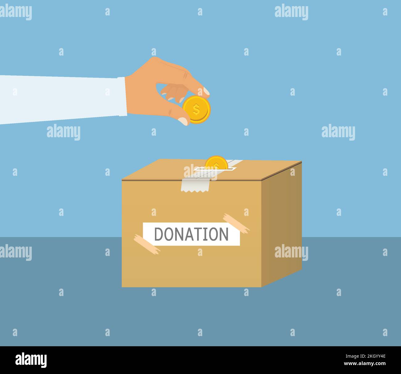 Donation box with gold coin vector. Man giving charity to a donation ...
