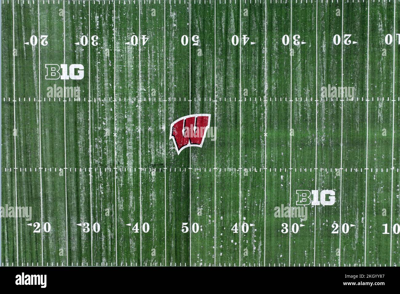 A general overall aerial view of the Wisconsin Badgers logo at midfield ...