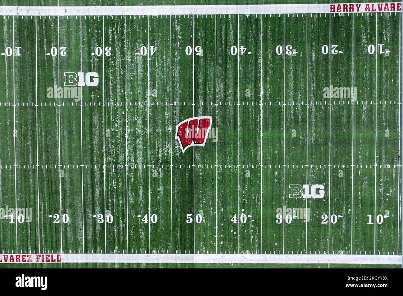 A general overall aerial view of the Wisconsin Badgers logo at midfield ...