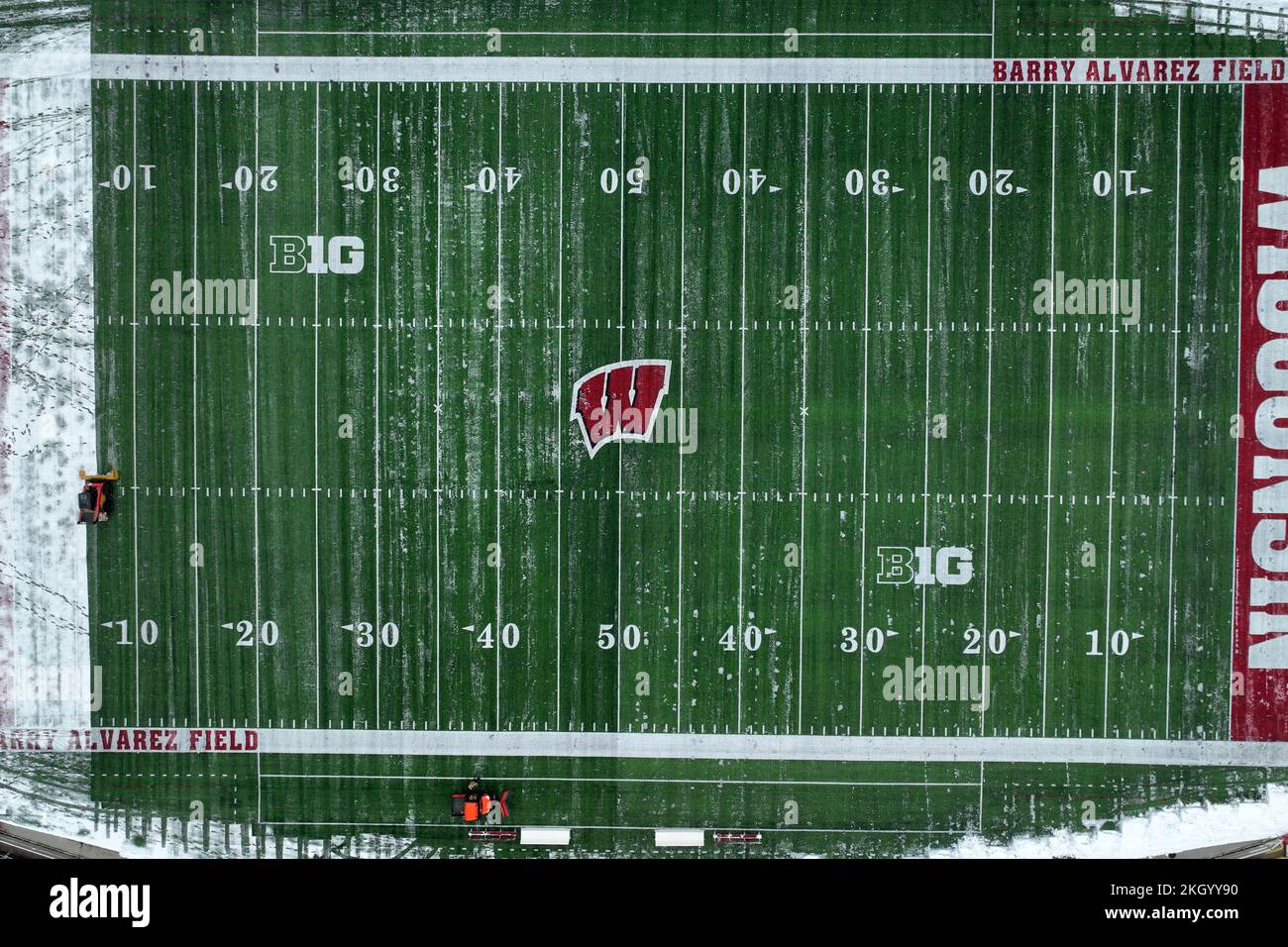 A general overall aerial view of the Wisconsin Badgers logo at midfield ...