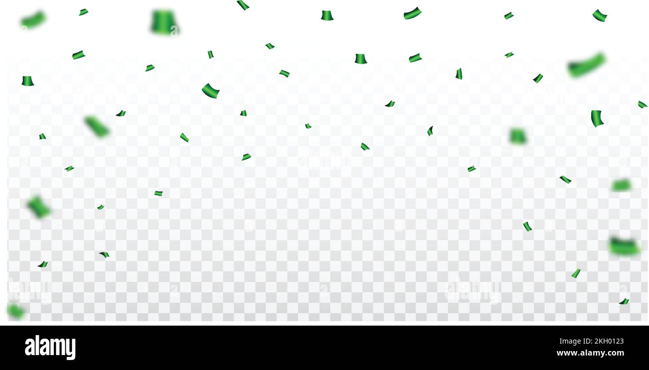 Green confetti and tinsel falling illustration on transparent background. Colorful confetti ...