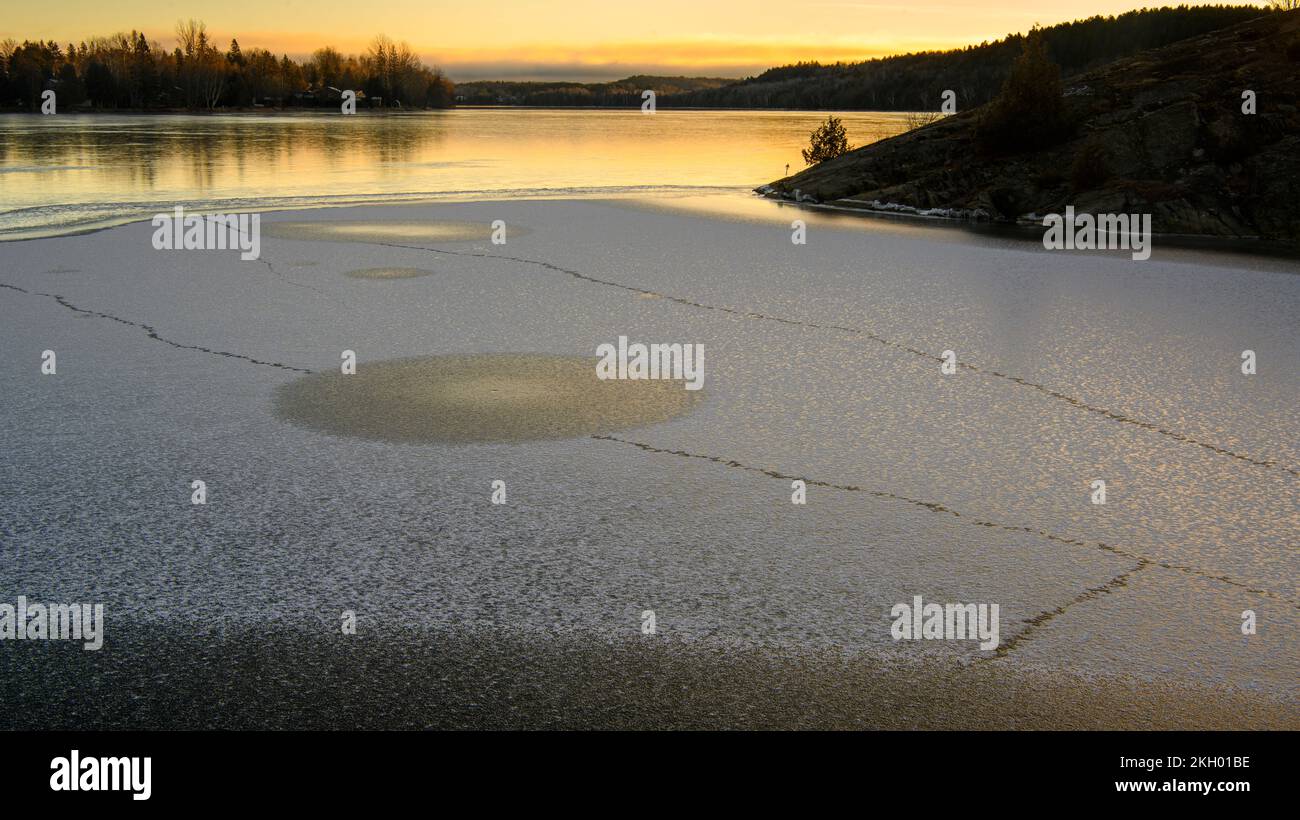 Ice patterns in Simon Lake at dawn, Greater Sudbury, Ontario, Canada ...