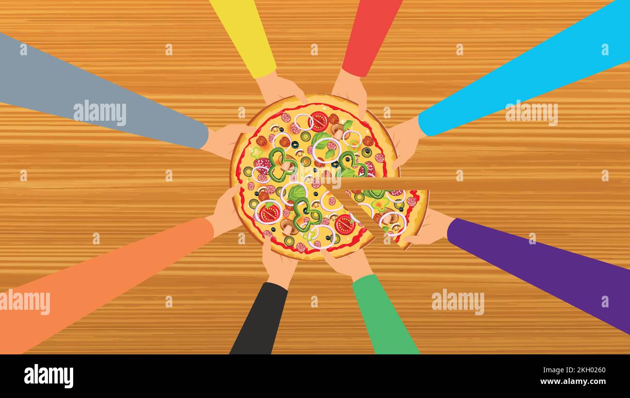 Hands taking pizza slices from a table vector. Delicious pizza vector ...