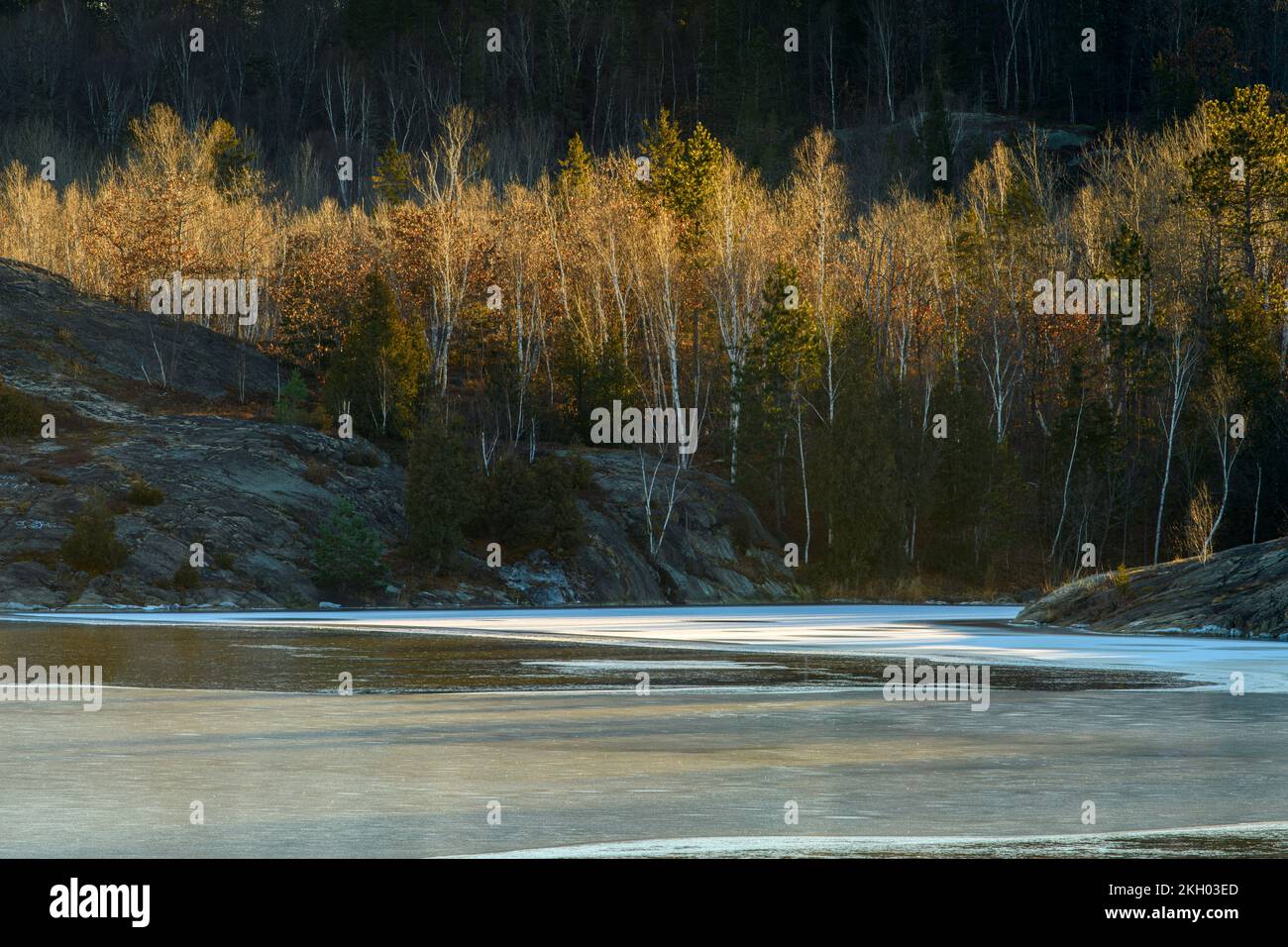 Frozen Simon Lake near sunset, Greater Sudbury, Ontario, Canada Stock ...