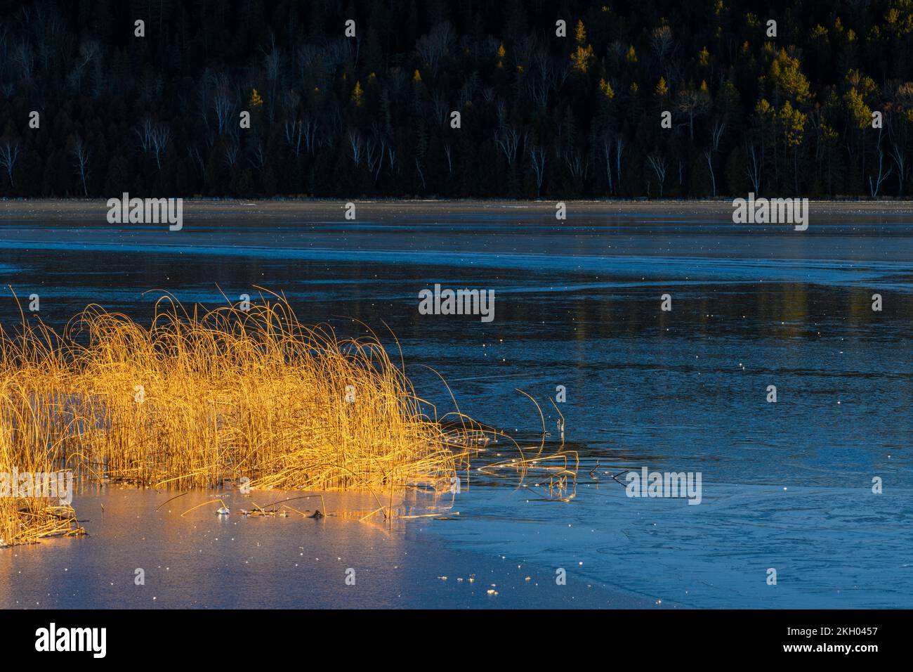 Frozen Simon Lake near sunset, Greater Sudbury, Ontario, Canada Stock ...