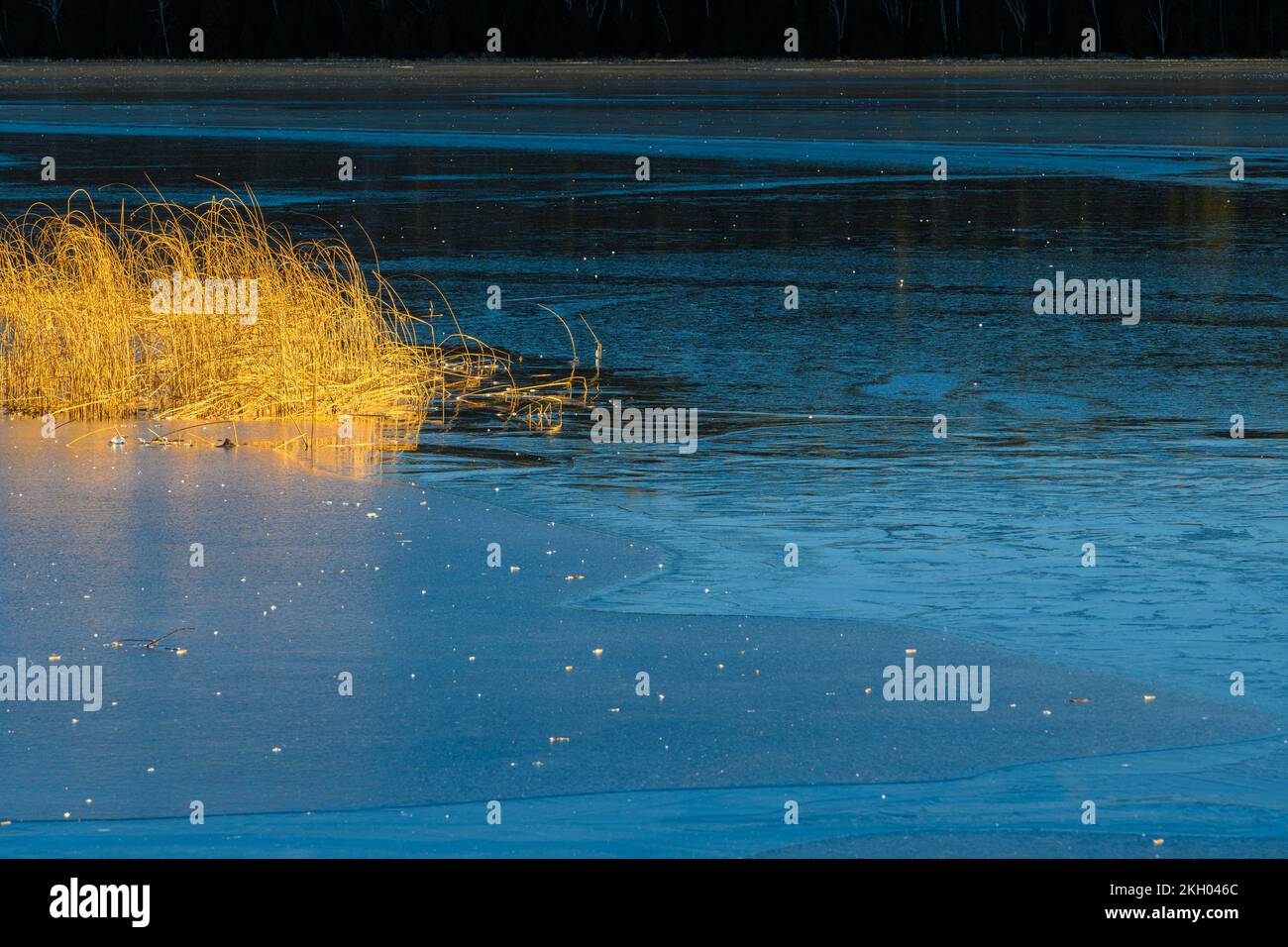 Frozen Simon Lake near sunset, Greater Sudbury, Ontario, Canada Stock ...