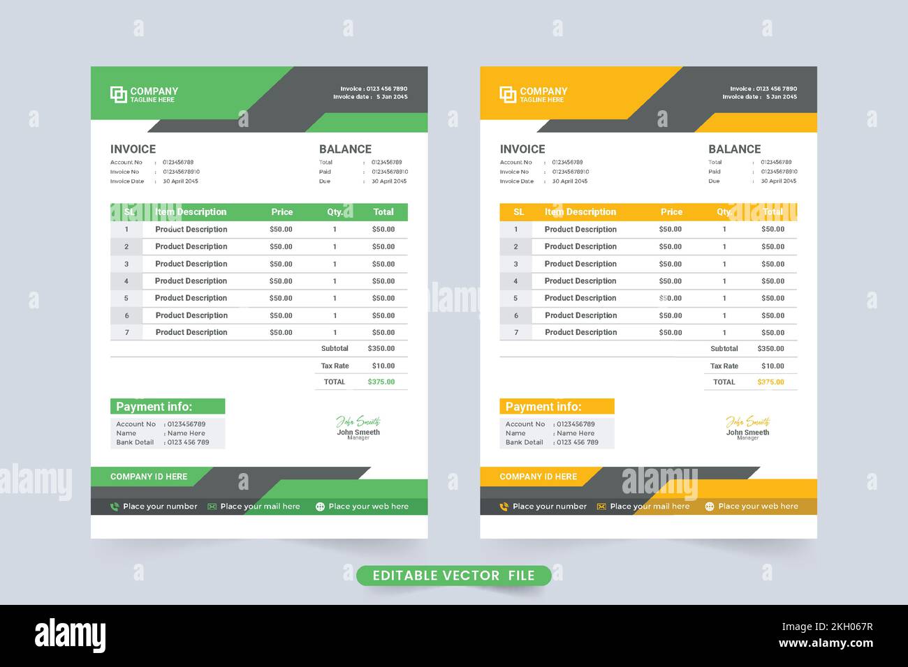 Creative payment receipt template vector with green and yellow colors. Corporate invoice and ...