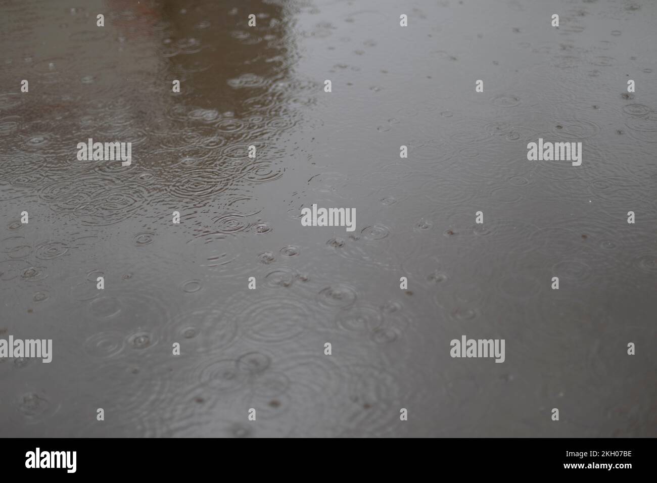 Rain outside. Drops in puddle. Depressive weather outside. Splashes ...