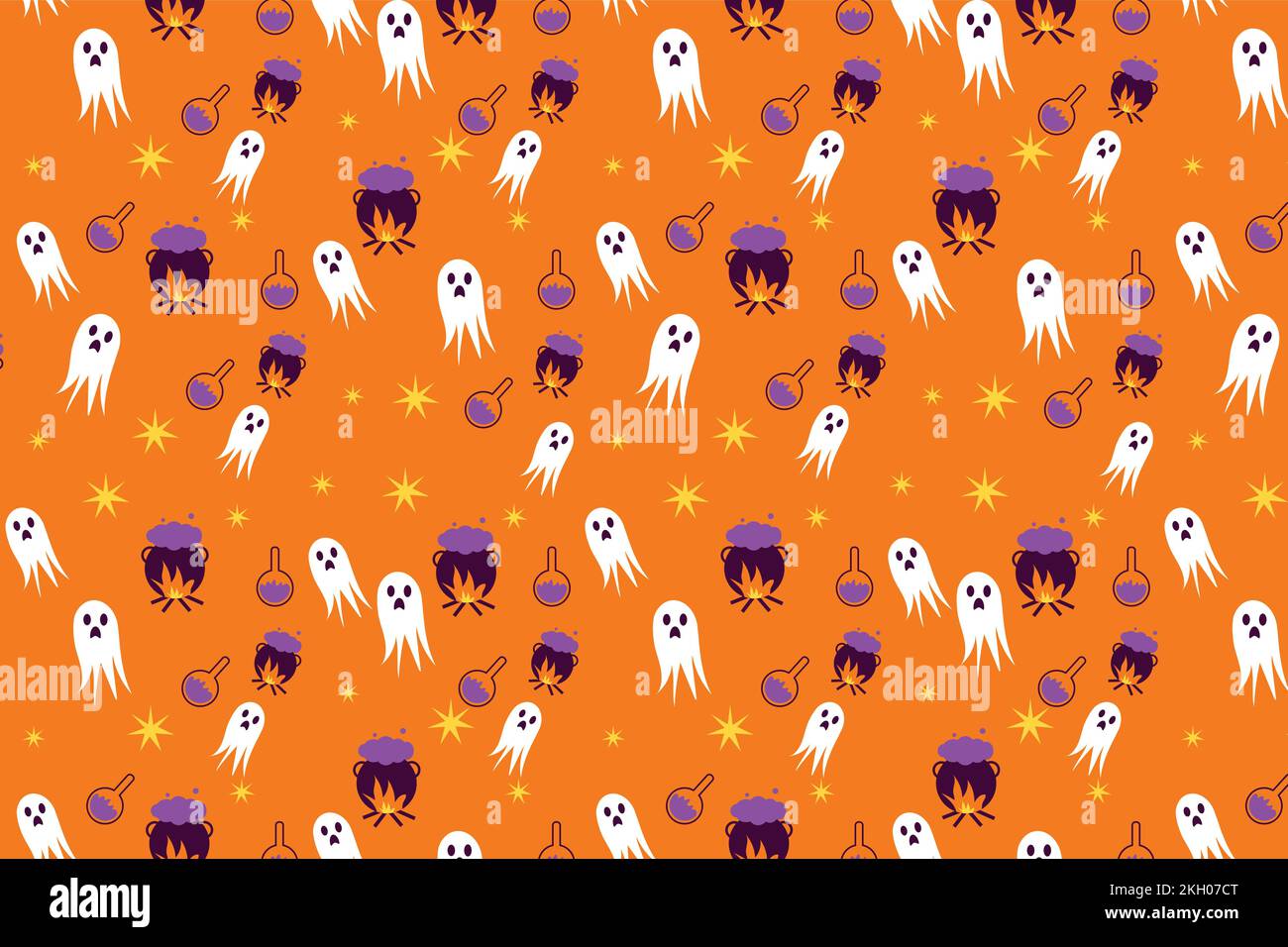 Scary Halloween pattern vector with ghosts and witch bowls. Seamless ...