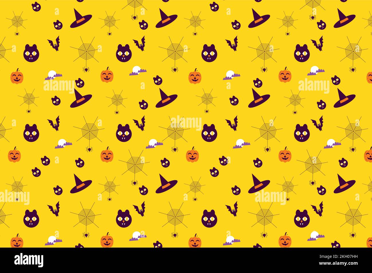Halloween scary seamless pattern design with cat faces and witch hats ...