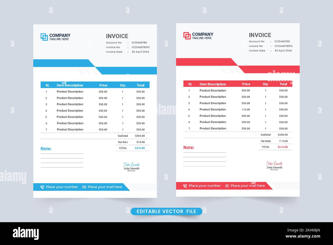 Invoice Template vector with blue and red shapes. Corporate business ...
