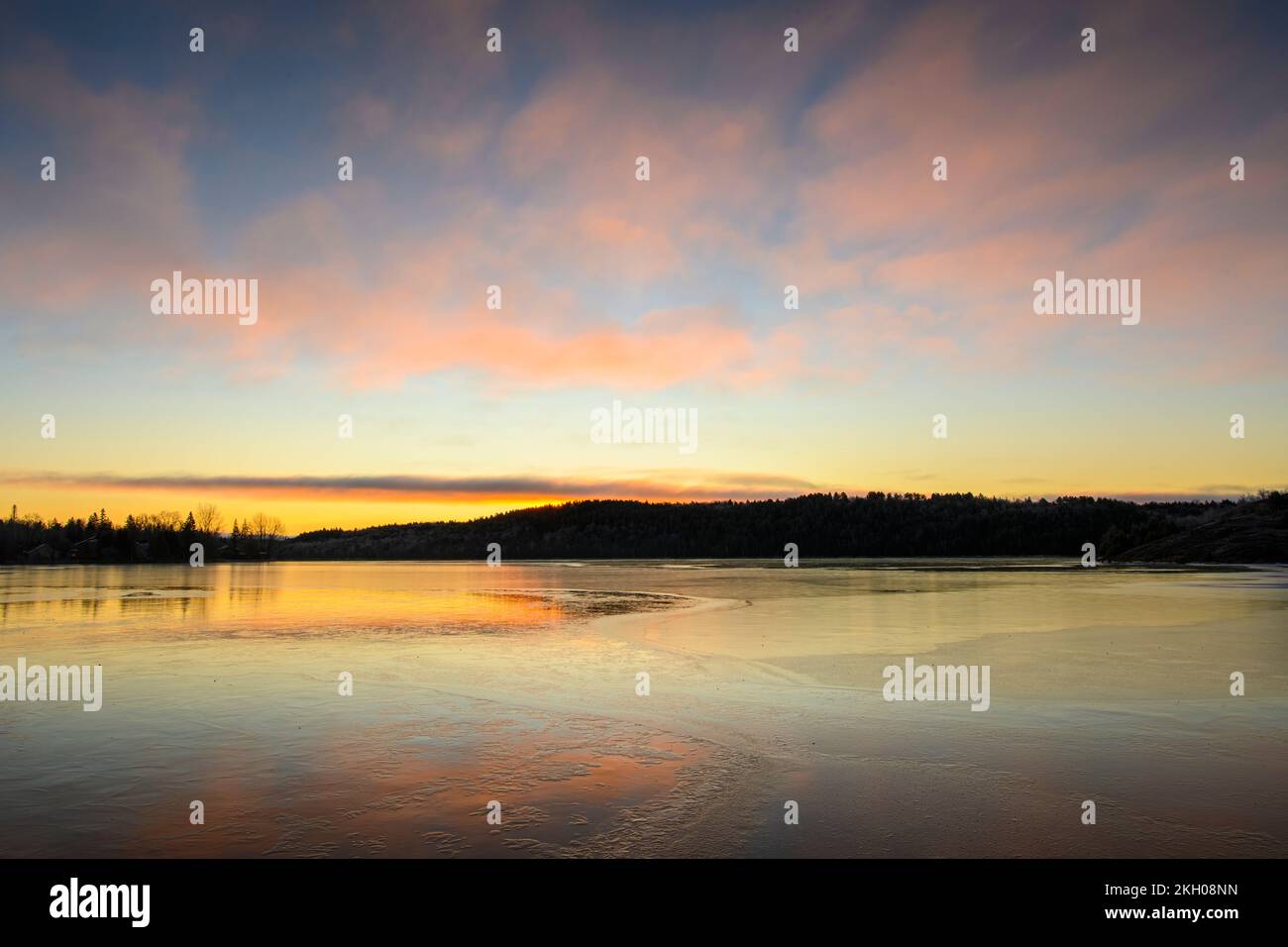Frozen Simon Lake at dawn, Greater Sudbury, Ontario, Canada Stock Photo ...