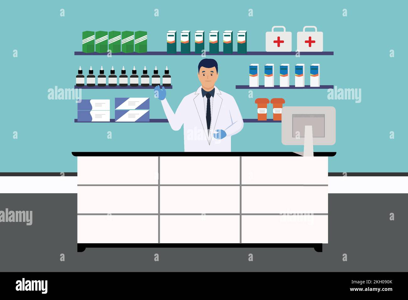 A pharmacist inside a pharmacy waving a hand vector. Doctor flat ...