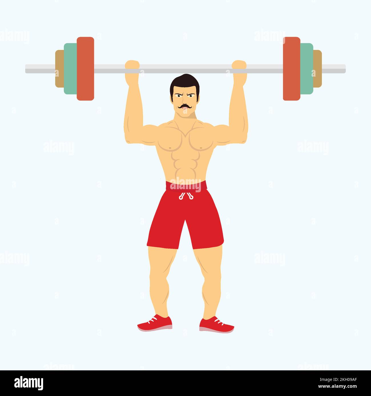 Athletic weightlifter man lifting a barbell with angry face vector. Muscle man with mustache ...