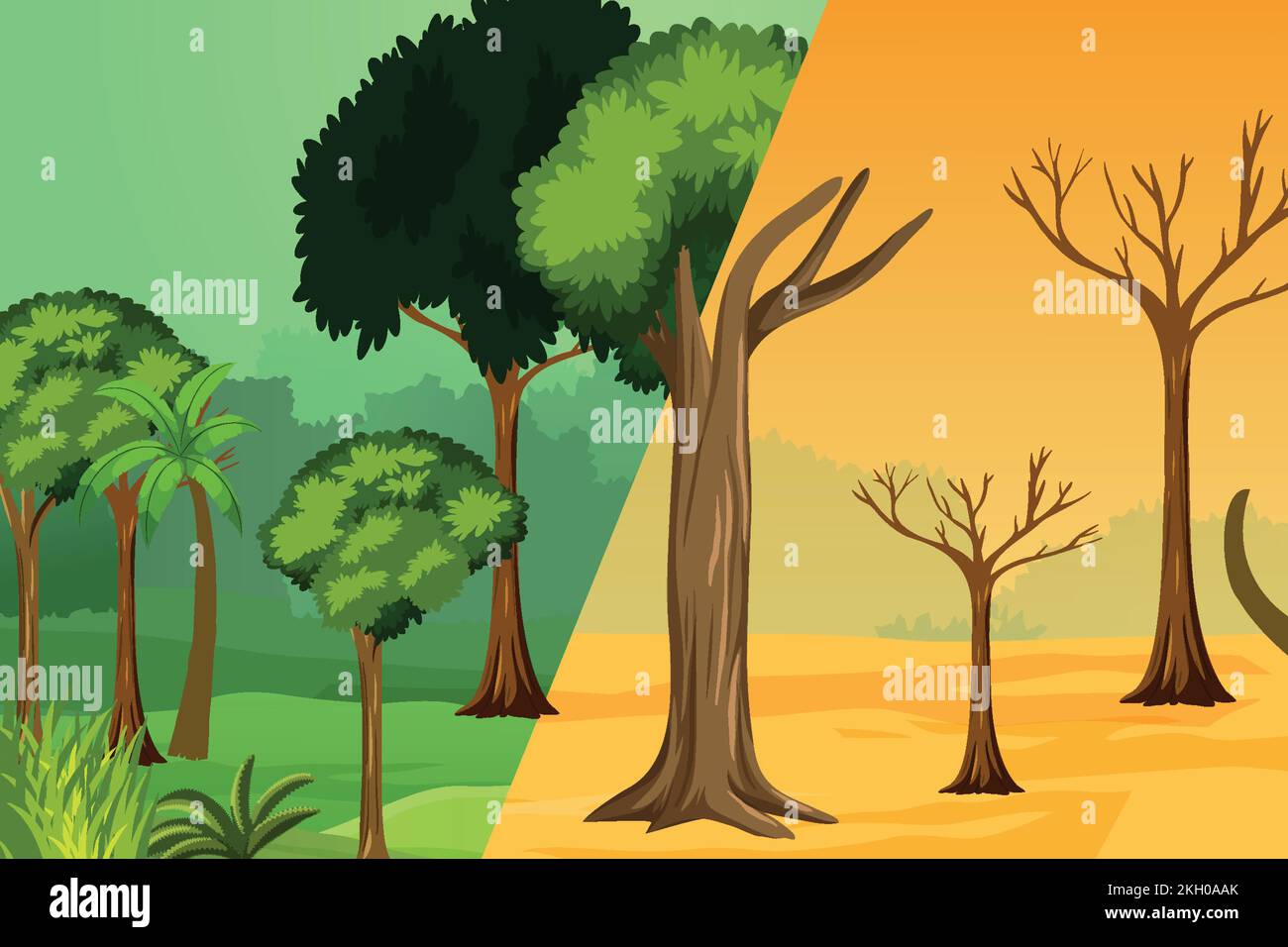 Global warming and deforestation problem concept vector. Before and after global warming effect ...