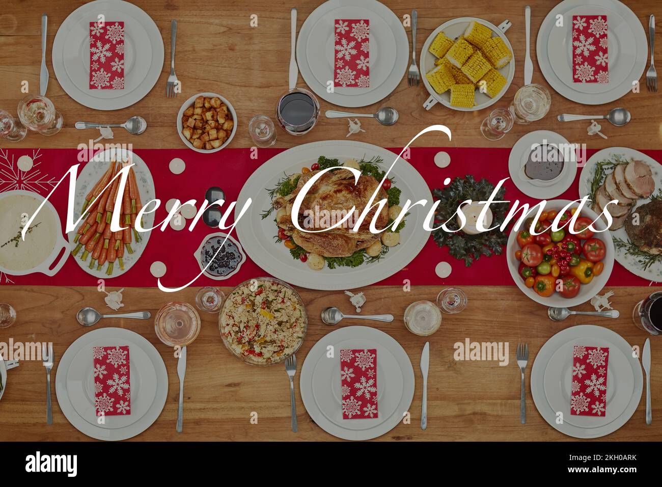 Christmas, table and overlay with food, turkey or poultry for festive ...