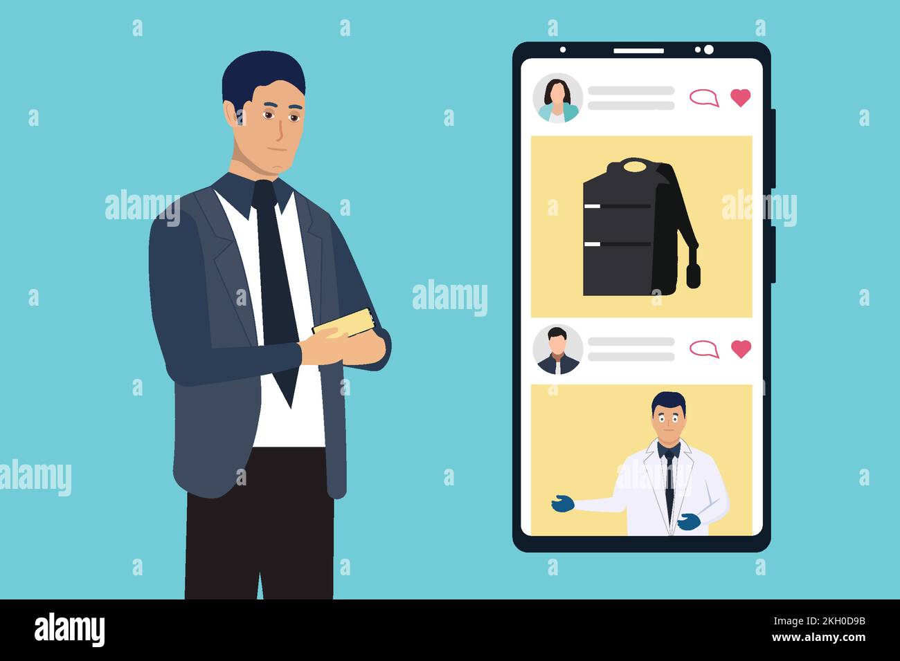 Man using a smartphone and scrolling inside social media concept vector. Man flat character ...