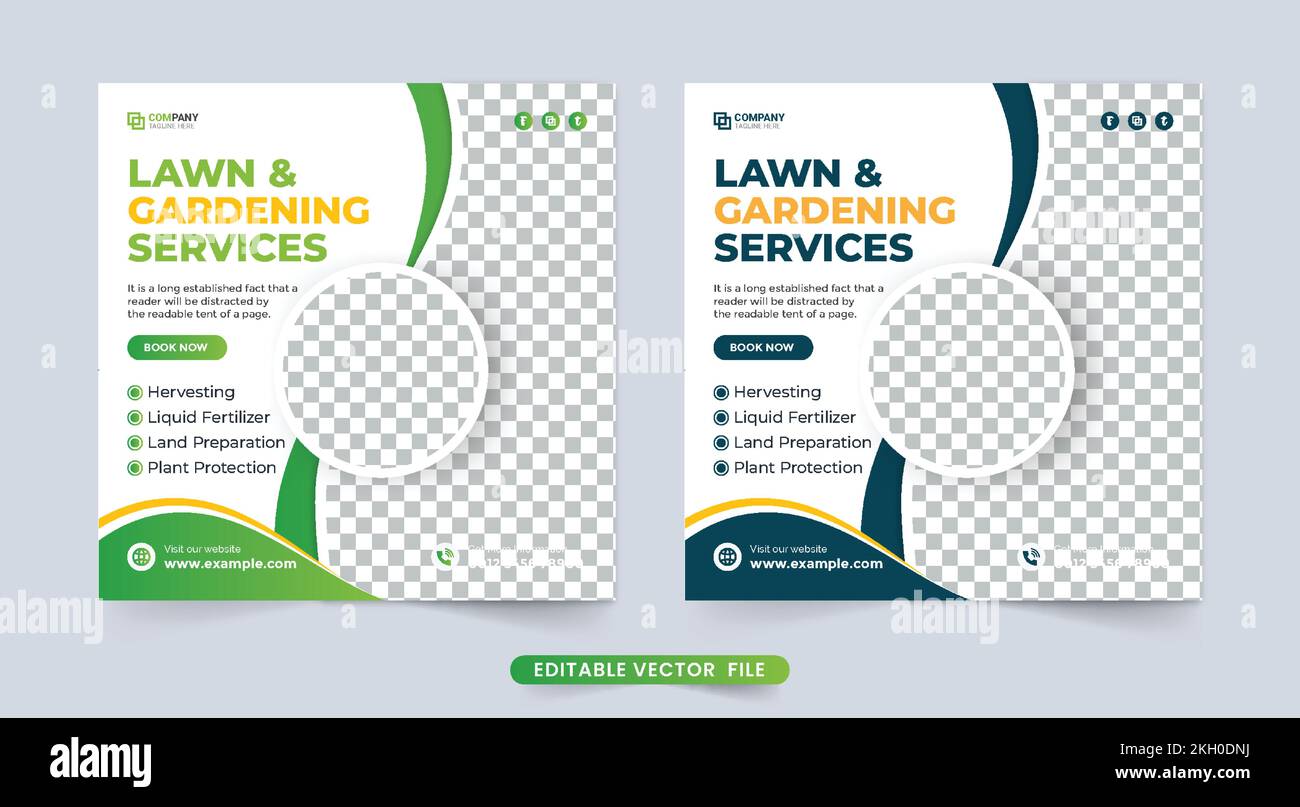 Lawn mower and gardening service social media banner. Tree plantation ...