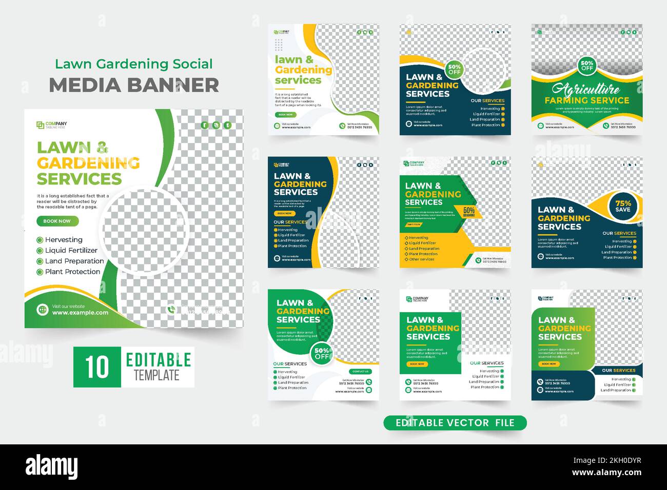 Lawn and gardening service social media banner bundle for advertisement. Agriculture and farming ...