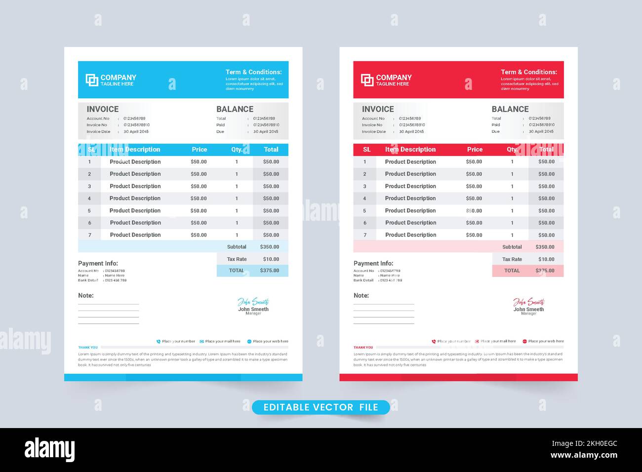 Payment agreement and invoice template vector with cyan and red color ...
