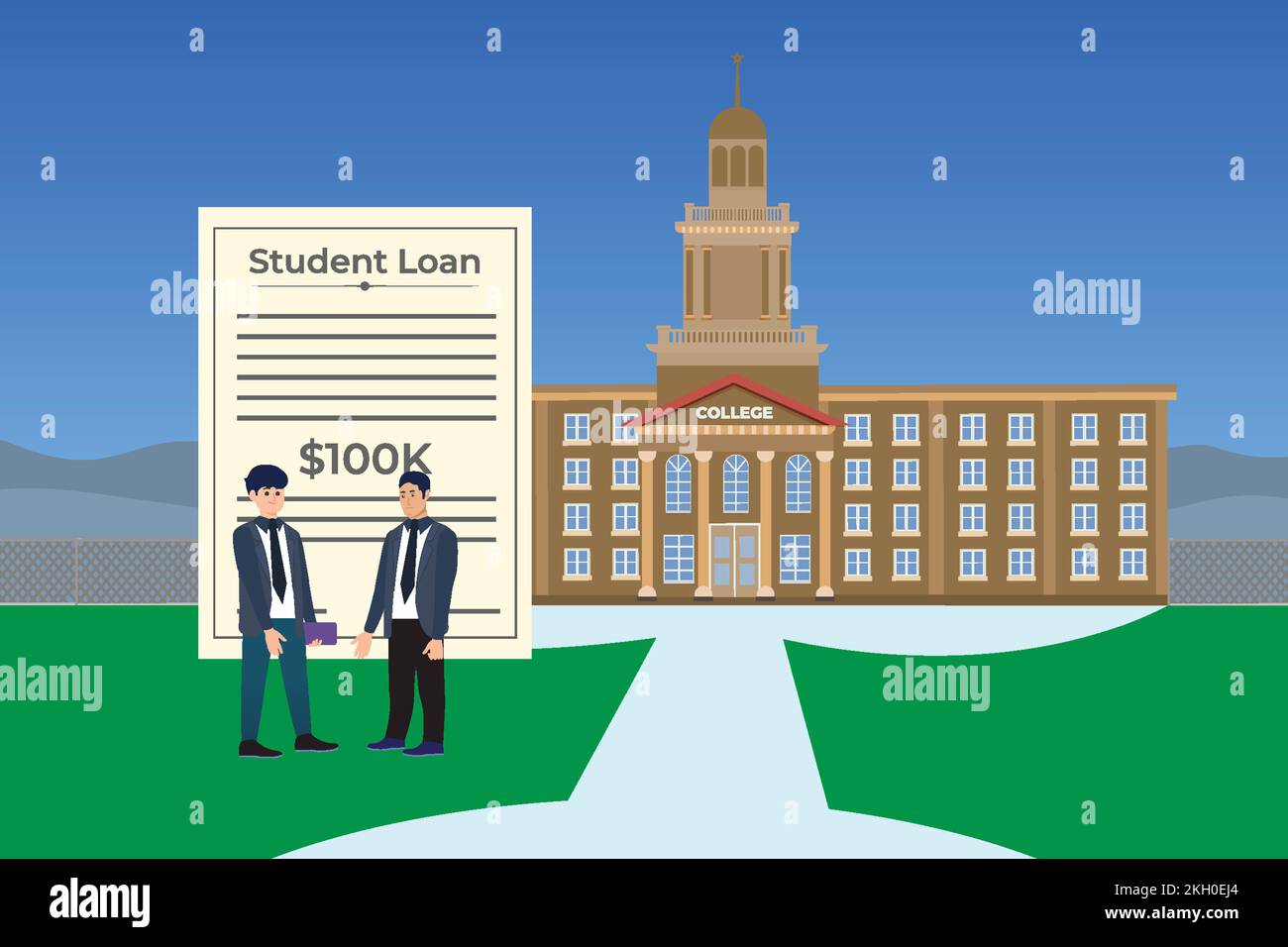 Student loan concept with college and loan paper vector. Male flat ...