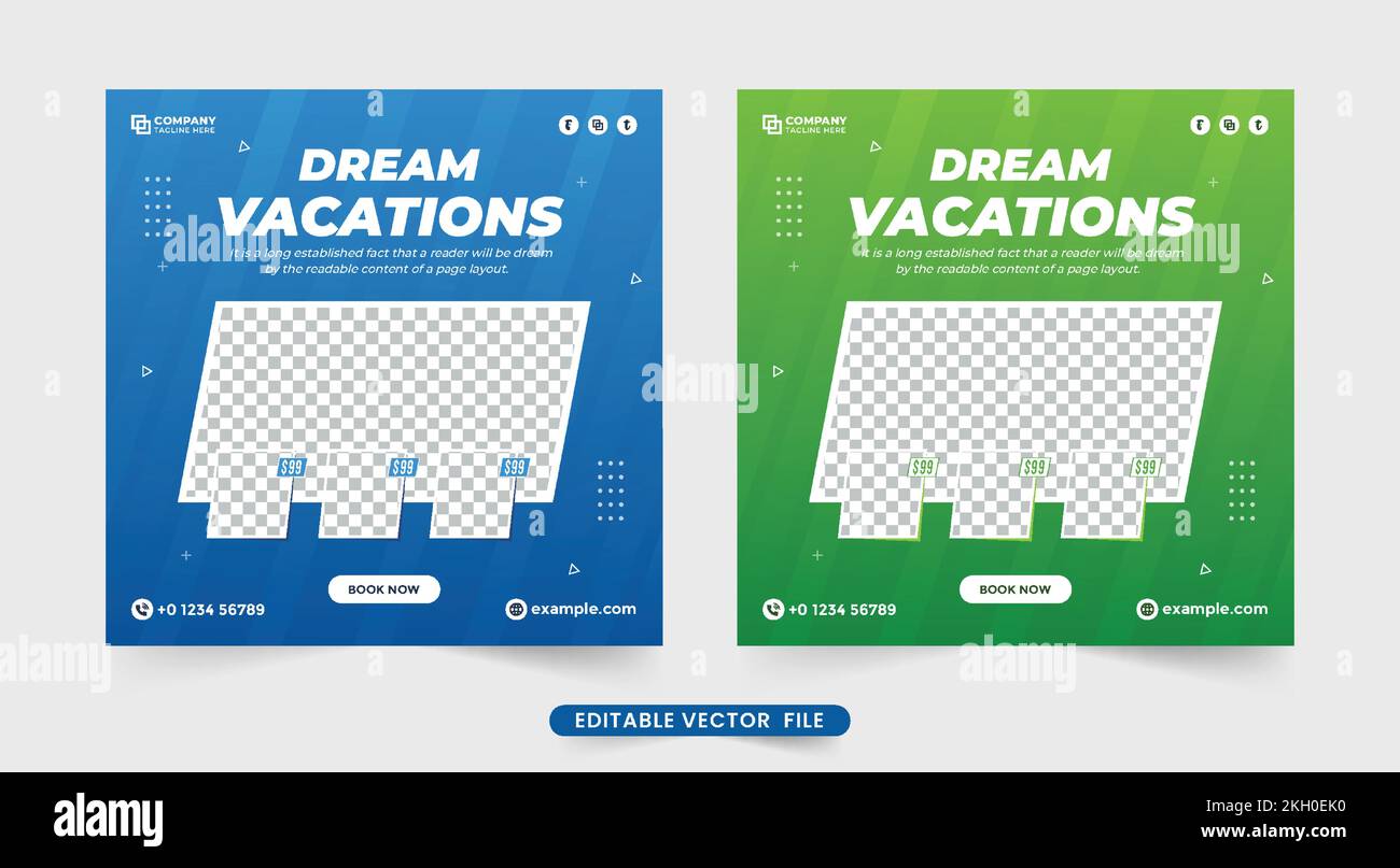 Travel agency social media post design with blue and green colors ...