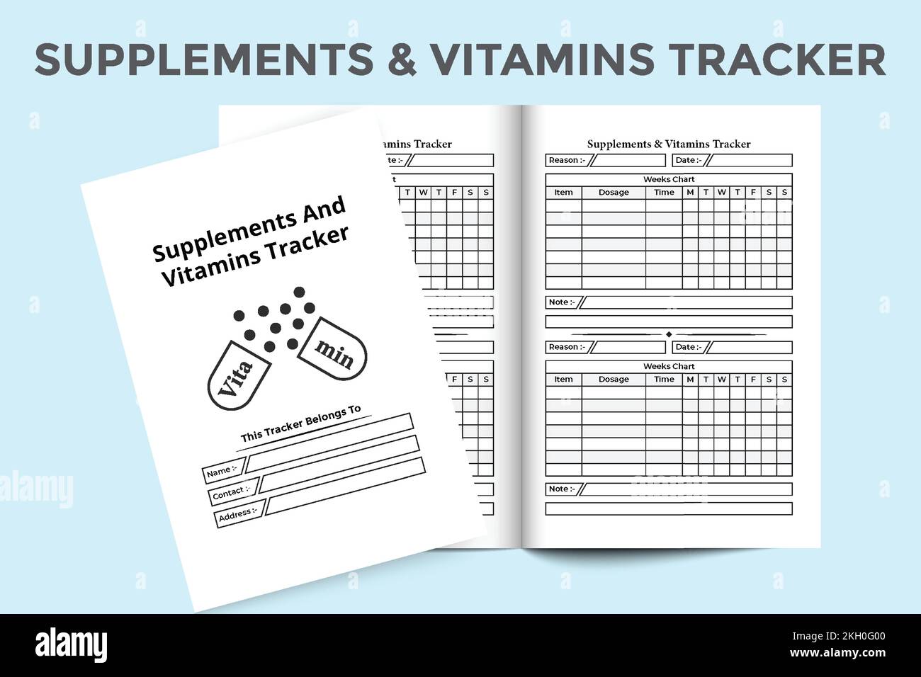 Supplement and vitamin journal template KDP interior. Regular vitamin dose information and ...