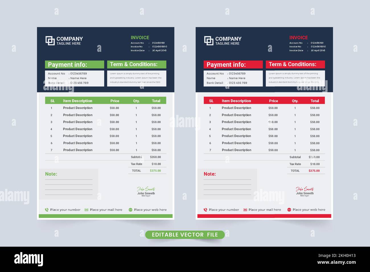 Creative invoice template design with green and red colors. Business ...