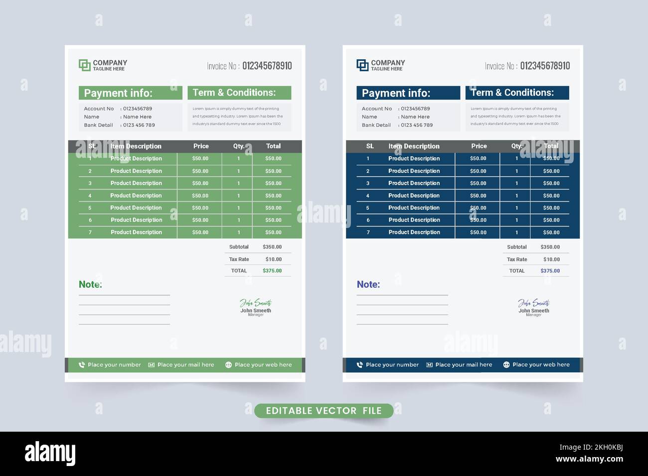 Simple payment agreement and invoice bill template vector with green ...