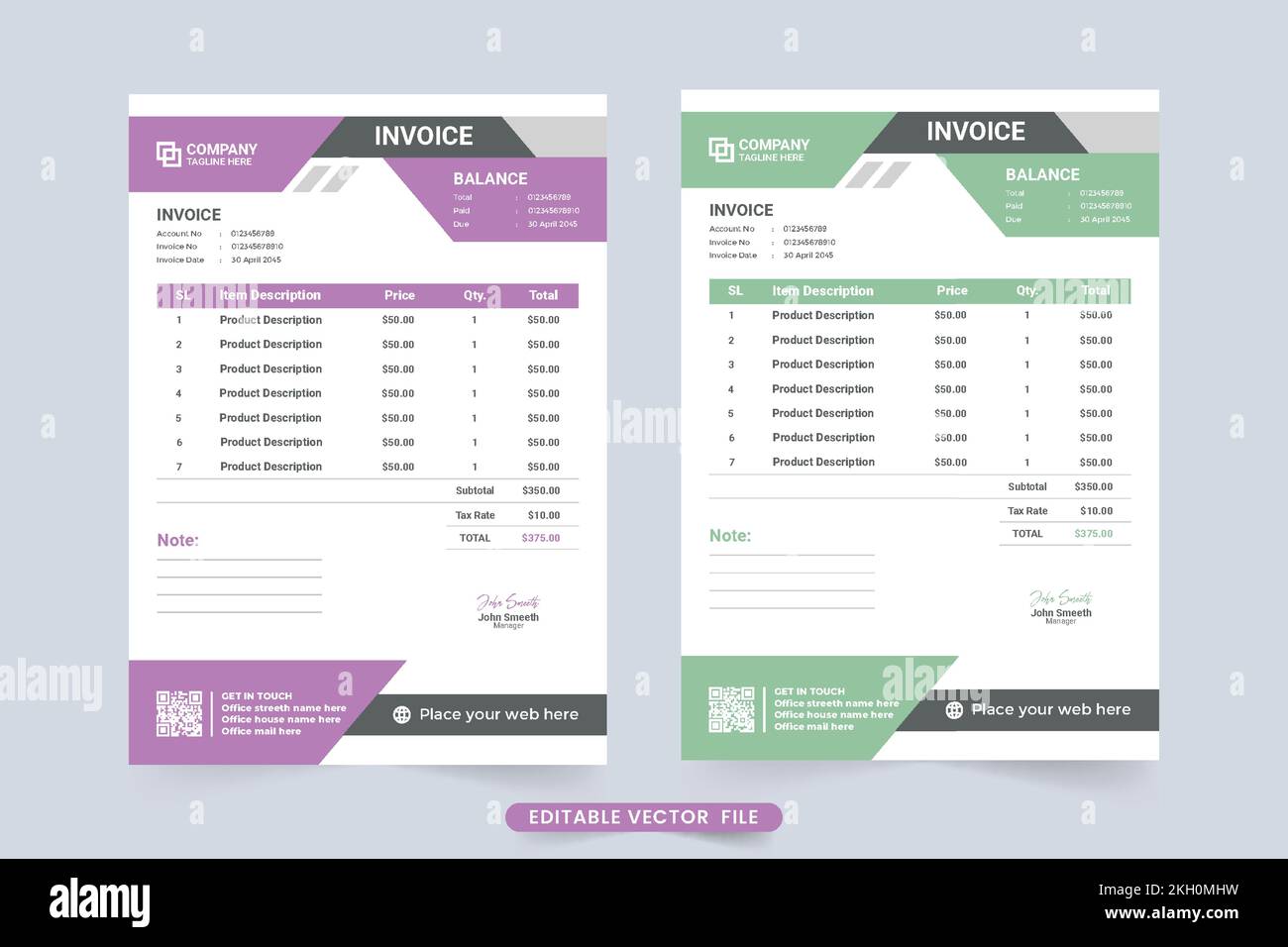 Digital invoice template decoration with purple and light green color ...