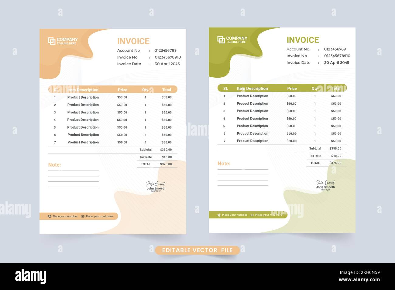 Invoice template vector with green and light orange colors. Creative ...
