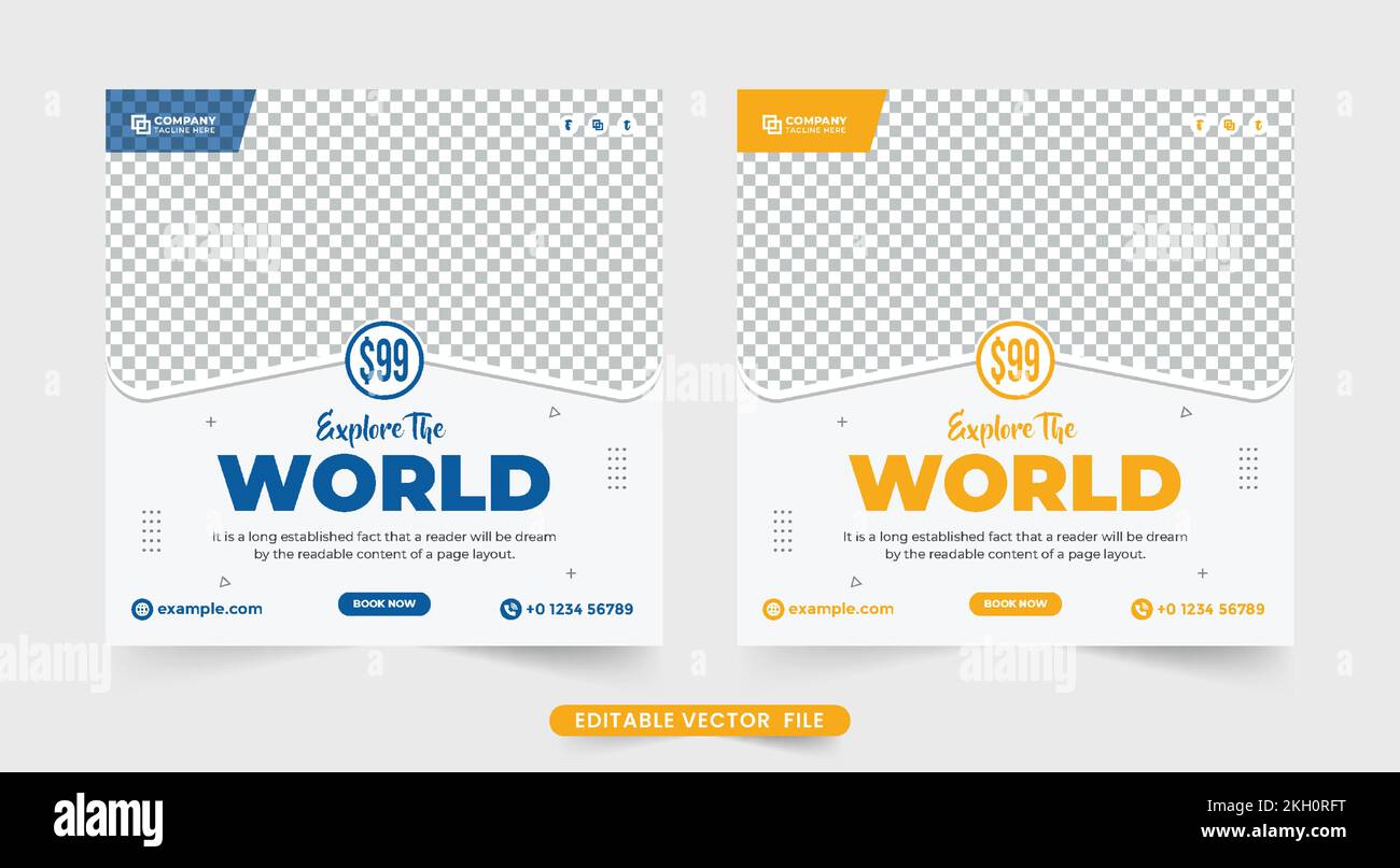 Tour and travel social media ad banner vector with yellow and blue text ...