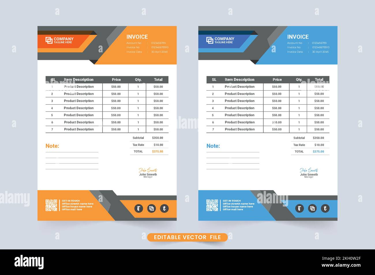 Professional corporate invoice template vector with blue and orange ...