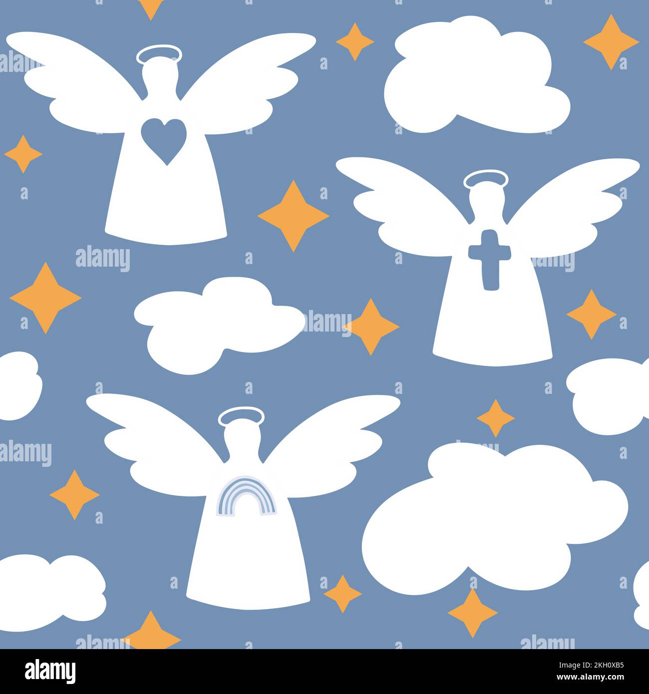 White Angels silhouettes in the blue sky. Christian symbol seamless ...